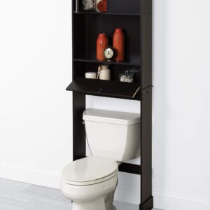 Zenna Home Drop Door Over-the-Toilet Bathroom Spacesaver, Bath-Storage Shelves with Leg Extensions, Espresso