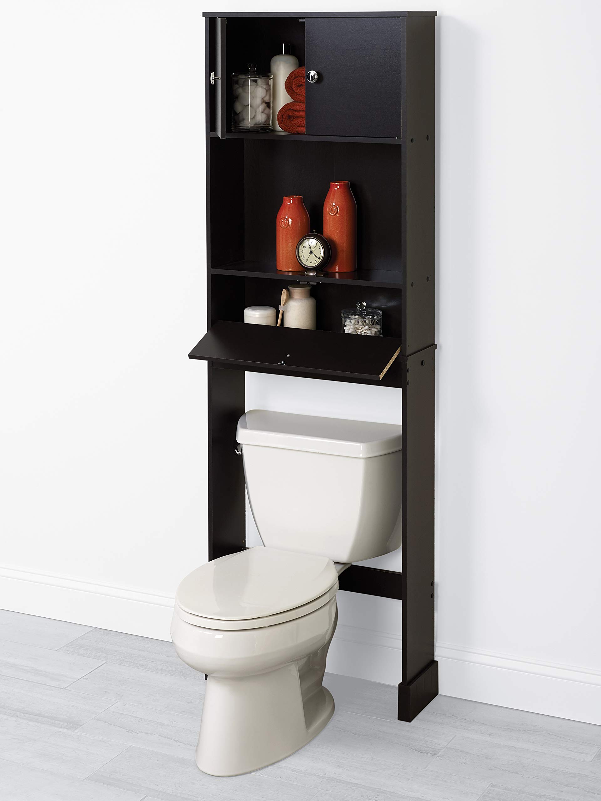 Zenna Home Drop Door Over-the-Toilet Bathroom Spacesaver, Bath-Storage Shelves with Leg Extensions, Espresso