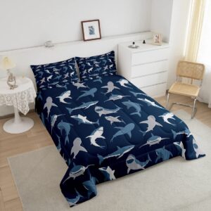 Boys Shark Bedding Set Ocean Sealife Comforter Set for Kids Youth Teens,Under Sea Marine Life Duvet Insert,Underwater World Creature Bed Quilt,Nautical Sea Animal Bedroom Decor Twin Size Navy Blue