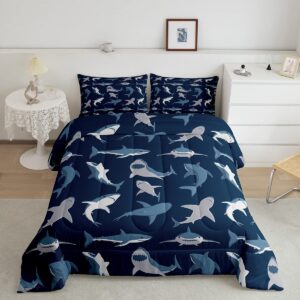 boys shark bedding set ocean sealife comforter set for kids youth teens,under sea marine life duvet insert,underwater world creature bed quilt,nautical sea animal bedroom decor twin size navy blue