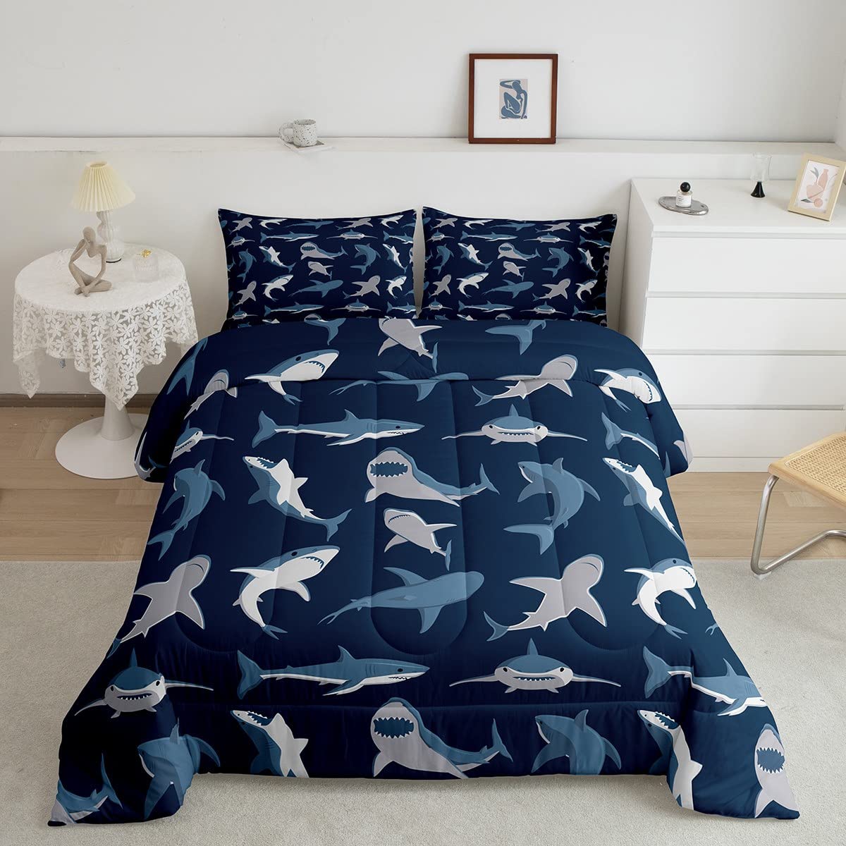 Boys Shark Bedding Set Ocean Sealife Comforter Set for Kids Youth Teens,Under Sea Marine Life Duvet Insert,Underwater World Creature Bed Quilt,Nautical Sea Animal Bedroom Decor Twin Size Navy Blue