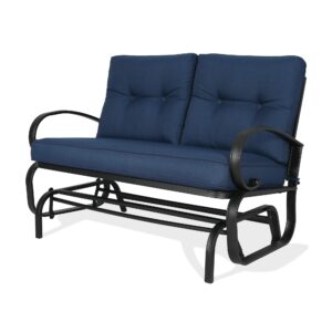 patio tree 2-seat outdoor swing glider bench, rocking patio glider loveseat chair with cushions, navy