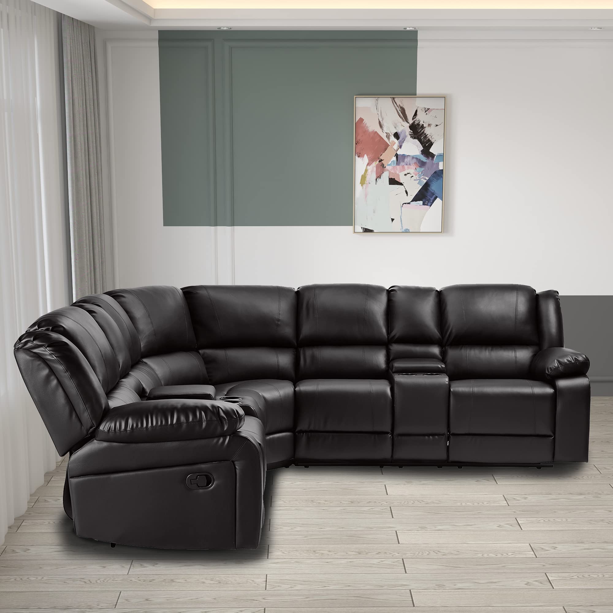 themagichome Sectional Sofa Symmetrical Reclining Sectional Sofa PU Modern Sectional Sofa Couch Power Motion Sofa Living Room Sofa Corner Sectional Sofa with Cup Holder-Black Leather,W223S00028