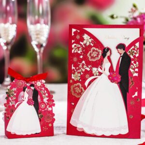 Hosmsua 5x7.3 Inch 50PCS Blank Red Laser Cut Wedding Invitations Cards with Bride & Groom Gold Flower Pocket for Engagement Wedding Invite