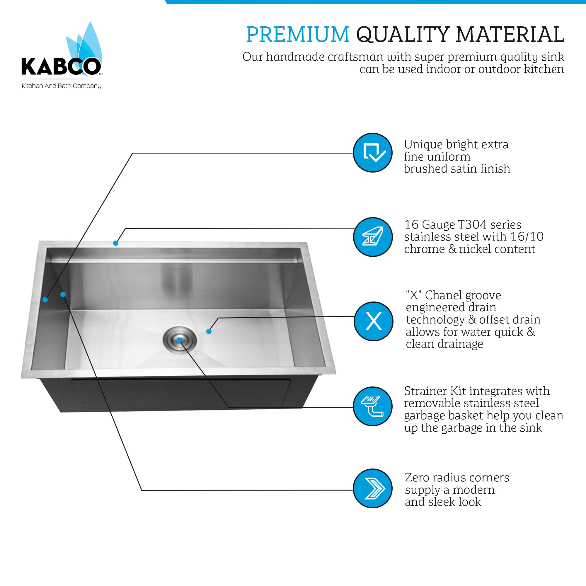 KABCO ZR-LEDGE 32 Inch Station Single Bowl 16 Gauge Stainless Steel Kitchen Sink Work Station Undermount Package 32 inch Wide 10 inch deep 304SS K-SS0RLE32-PKG