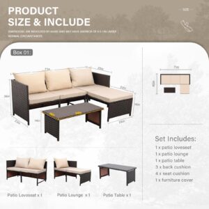 Valita 3 Piece Patio Set Outdoor Furniture Set Patio Conversation Sets Outdoor Sectional Sofa Patio Loveseat Coffee Table with Non-Slip Cushions,Khaki