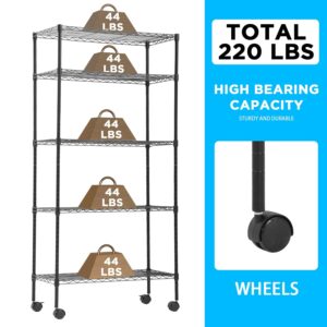 FDW 30" L×14" W×60" H Wire Shelving Unit Metal Shelf with 5 Tier Casters Adjustable Layer Rack Strong Steel for Restaurant Garage Pantry Kitchen Garage，Black