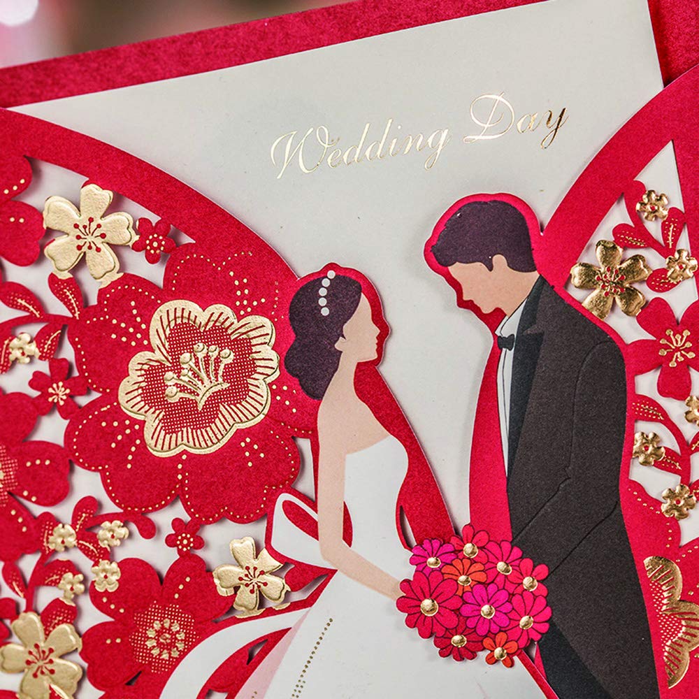 Hosmsua 5x7.3 Inch 50PCS Blank Red Laser Cut Wedding Invitations Cards with Bride & Groom Gold Flower Pocket for Engagement Wedding Invite