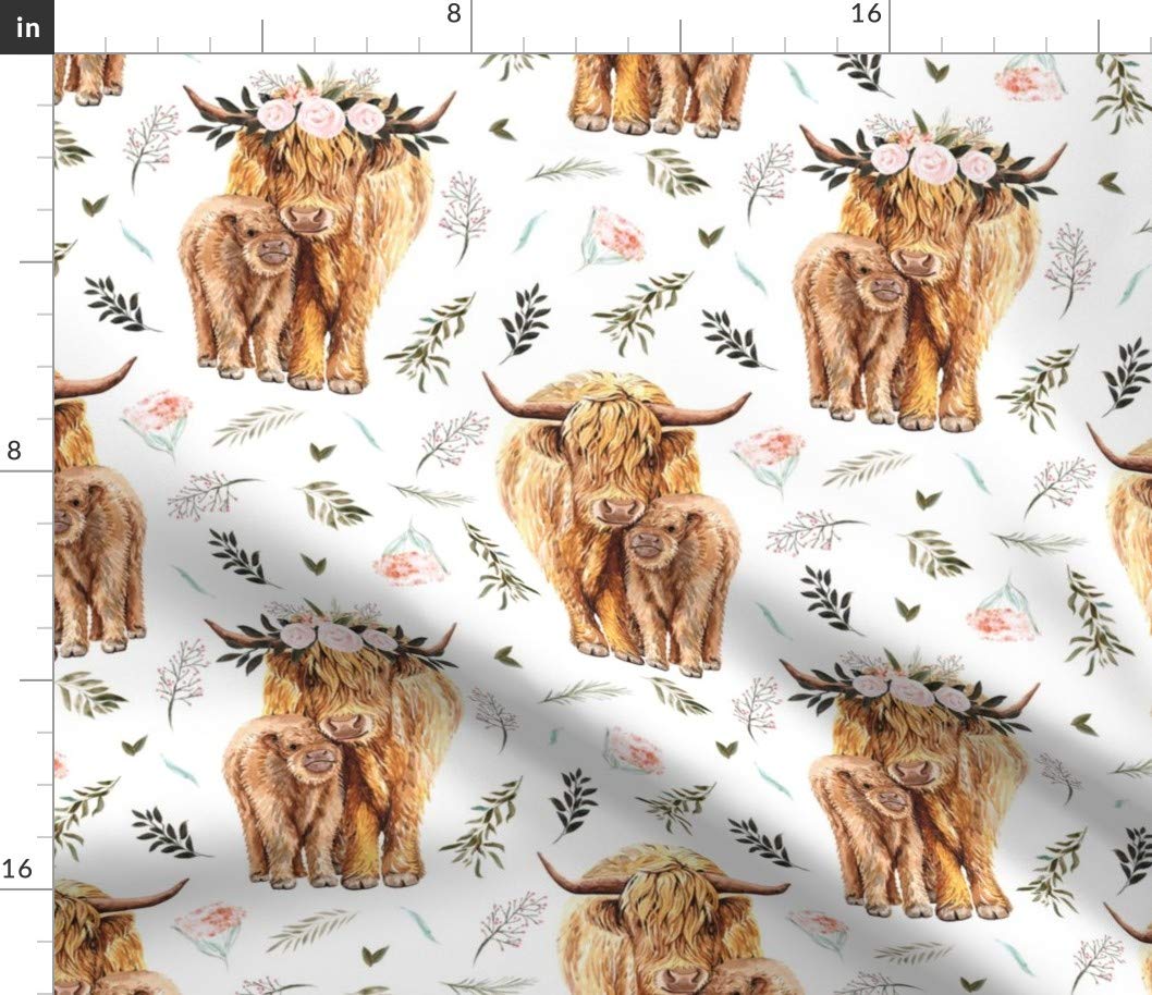 Spoonflower Fabric - Pink Spring Highland Cow Floral Calf Scottish Printed on Petal Signature Cotton Fabric Fat Quarter - Sewing Quilting Apparel Crafts Decor