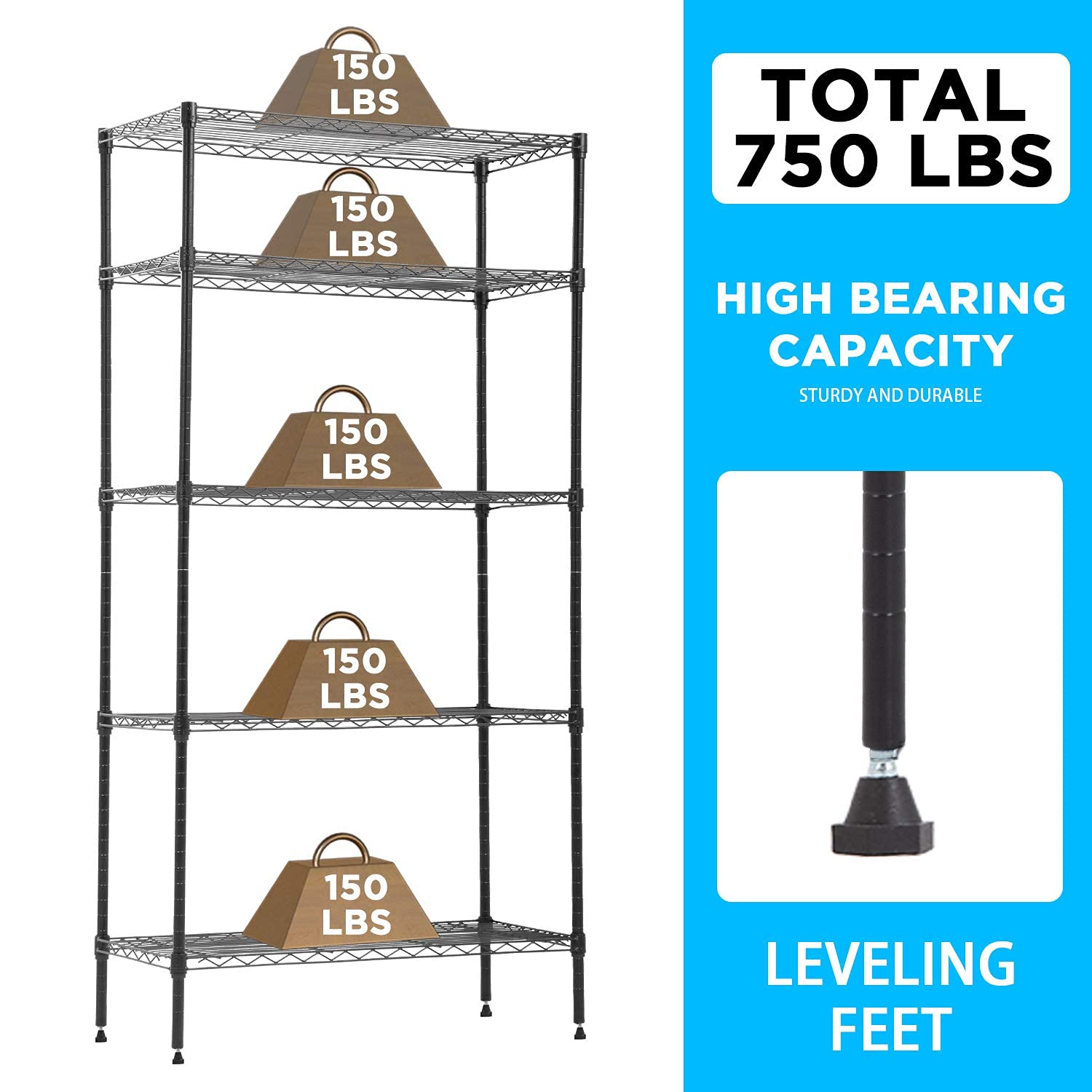 FDW 30" L×14" W×60" H Wire Shelving Unit Metal Shelf with 5 Tier Casters Adjustable Layer Rack Strong Steel for Restaurant Garage Pantry Kitchen Garage，Black