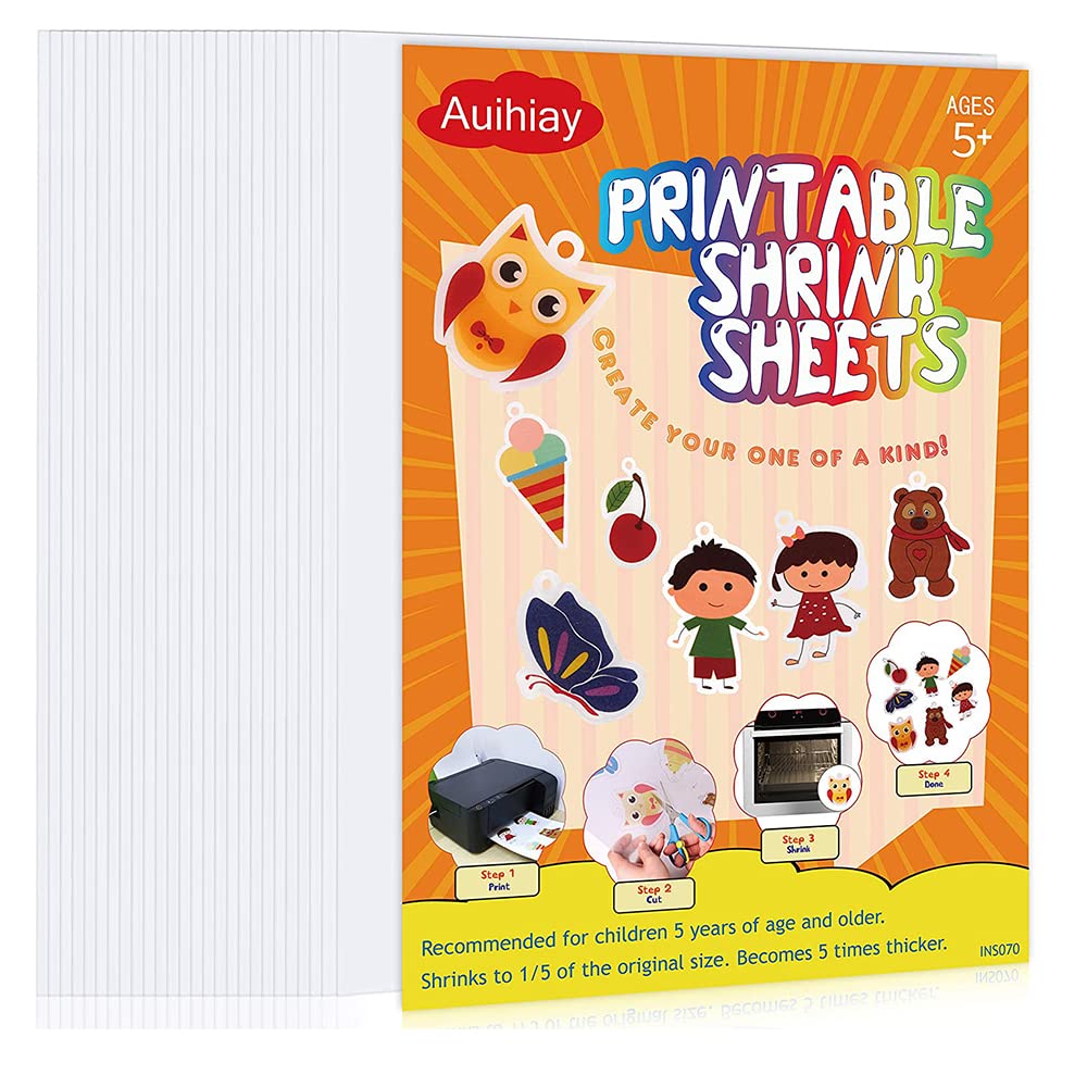 Auihiay 25 Sheets White Printable Shrink Plastic Sheets, Shrink Films Papers for Inkjet Printer Kids DIY Crafts and Mothers Day Gifts Christmas Ornament, 8.3 x 11.6 inch / 21 x 29.5 cm