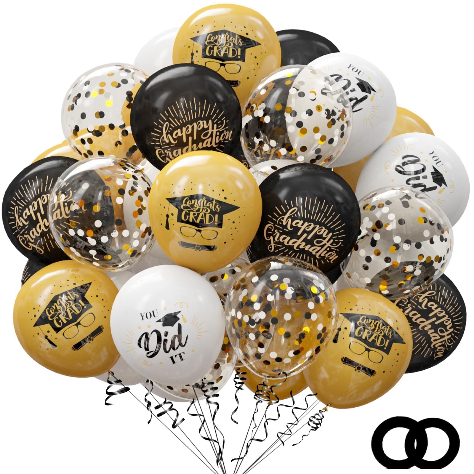 75 Pack Graduation Party Decorations Balloons Set - 12 Inch Black Gold Graduation Balloons with Balloon Ribbons for Graduation Party Decoration Supplies