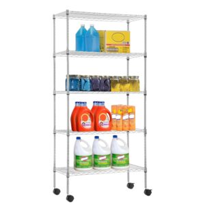 fdw 30" l×14" w×60" h wire shelving unit commercial metal shelf with 5 tier casters adjustable layer rack strong steel for restaurant garage pantry kitchen garage，chrome