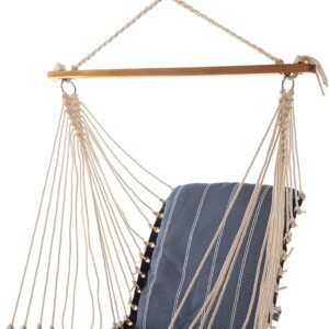 Original Pawleys Island Sunbrella Cushioned Single Swing in Equal Ink with Oak Spreader Bar, Handcrafted in The USA, 350 LB Weight Capacity, 24 in. L x 24 in W x 24 in. D