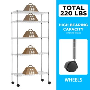 FDW 30" L×14" W×60" H Wire Shelving Unit Commercial Metal Shelf with 5 Tier Casters Adjustable Layer Rack Strong Steel for Restaurant Garage Pantry Kitchen Garage，Chrome