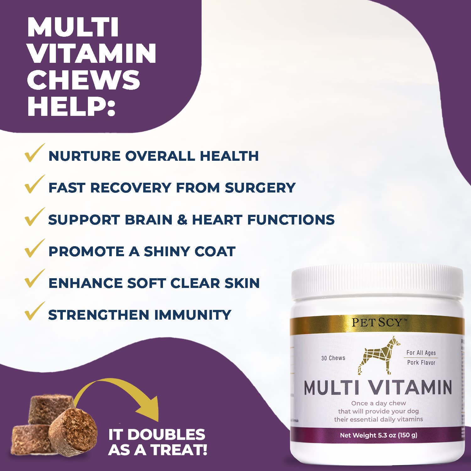 PetScy – Multi-Vitamin Chews, Dog Vitamins Multivitamin Treats, Multivitamin for Dogs of All Ages, Breeds & Sizes, Chewable Dog Vitamins with Omega 3 and Zinc, Pork Flavor, 30 Chews