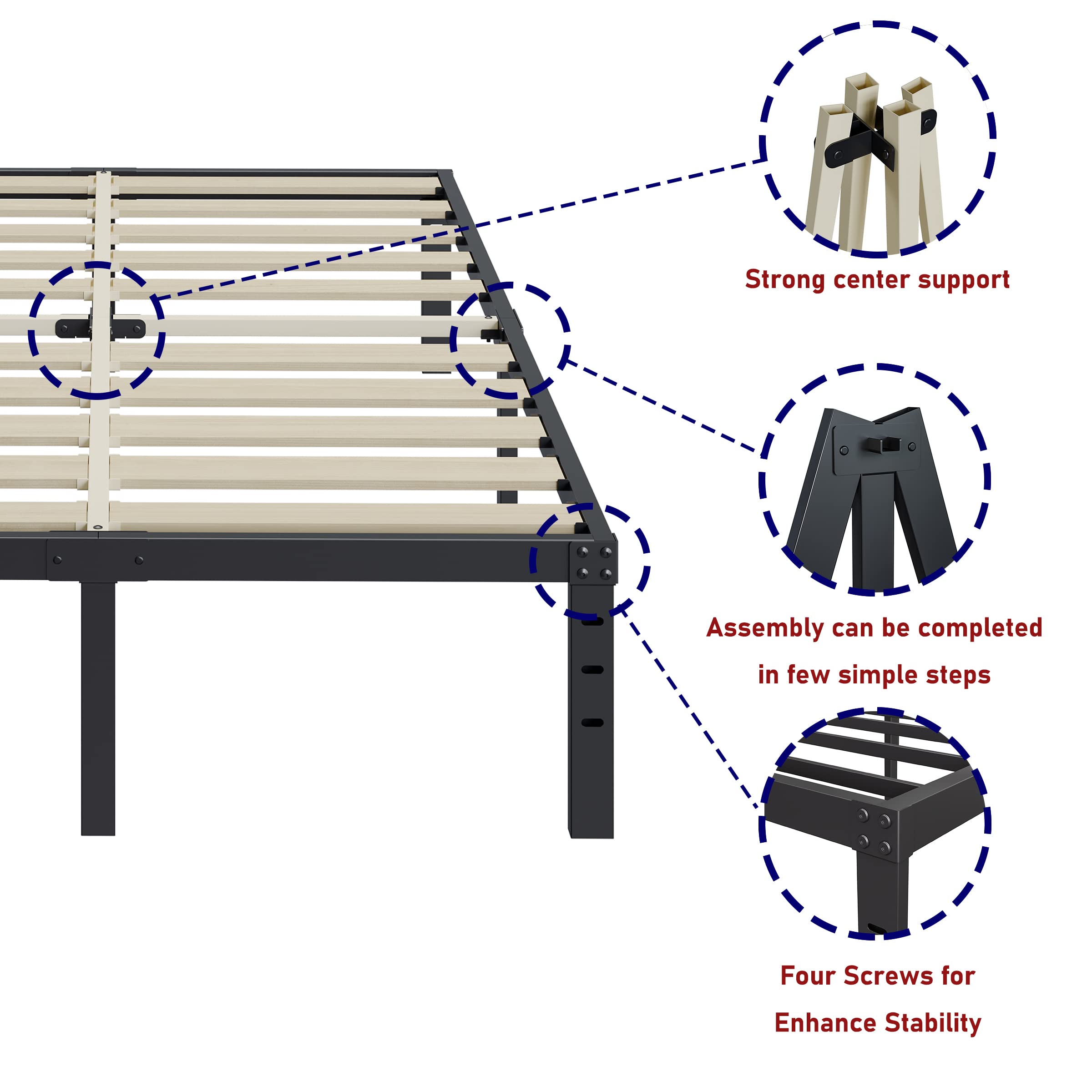 ZIYOO King Size Bed Frame 18 Inch Tall 3 Inches Wide Wood Slats with 3500 Pounds Support, No Box Spring Needed for Foam Mattress, Underbed Storage Space, Easy Assembly, Noise Free