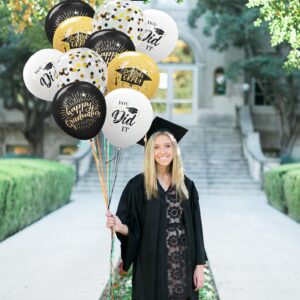 75 Pack Graduation Party Decorations Balloons Set - 12 Inch Black Gold Graduation Balloons with Balloon Ribbons for Graduation Party Decoration Supplies