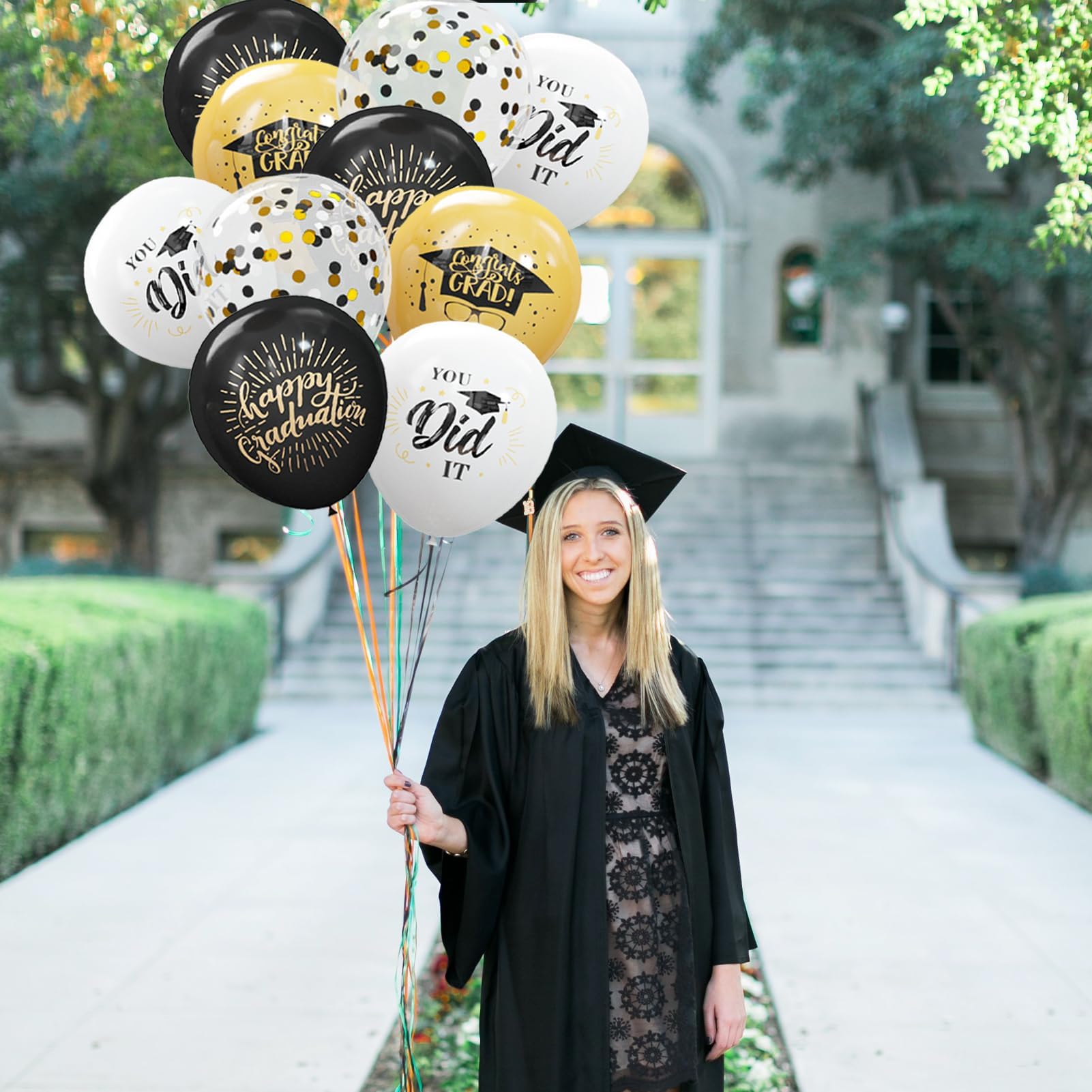 75 Pack Graduation Party Decorations Balloons Set - 12 Inch Black Gold Graduation Balloons with Balloon Ribbons for Graduation Party Decoration Supplies