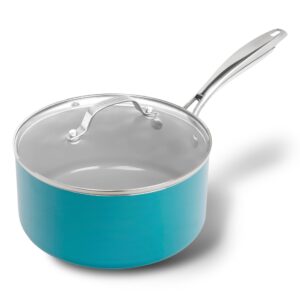 gotham steel aqua blue 3 quart saucepan with lid, ultra nonstick sauce pan with lid, small pot with lid, ceramic nonstick saucepan 3 quart, small sauce pot, 3 qt pot, oven & dishwasher safe, pfoa free