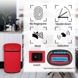 HCB Trash Can Automatic Waste Bin Mute Metal Garbage Can with Lid Stainless Steel 13 Gallon 50 Liter for Kitchen | Office | Bedroom | Bathroom | Living Room (Red)