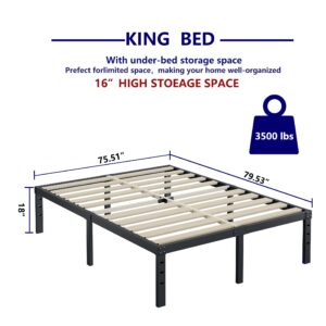 ZIYOO King Size Bed Frame 18 Inch Tall 3 Inches Wide Wood Slats with 3500 Pounds Support, No Box Spring Needed for Foam Mattress, Underbed Storage Space, Easy Assembly, Noise Free