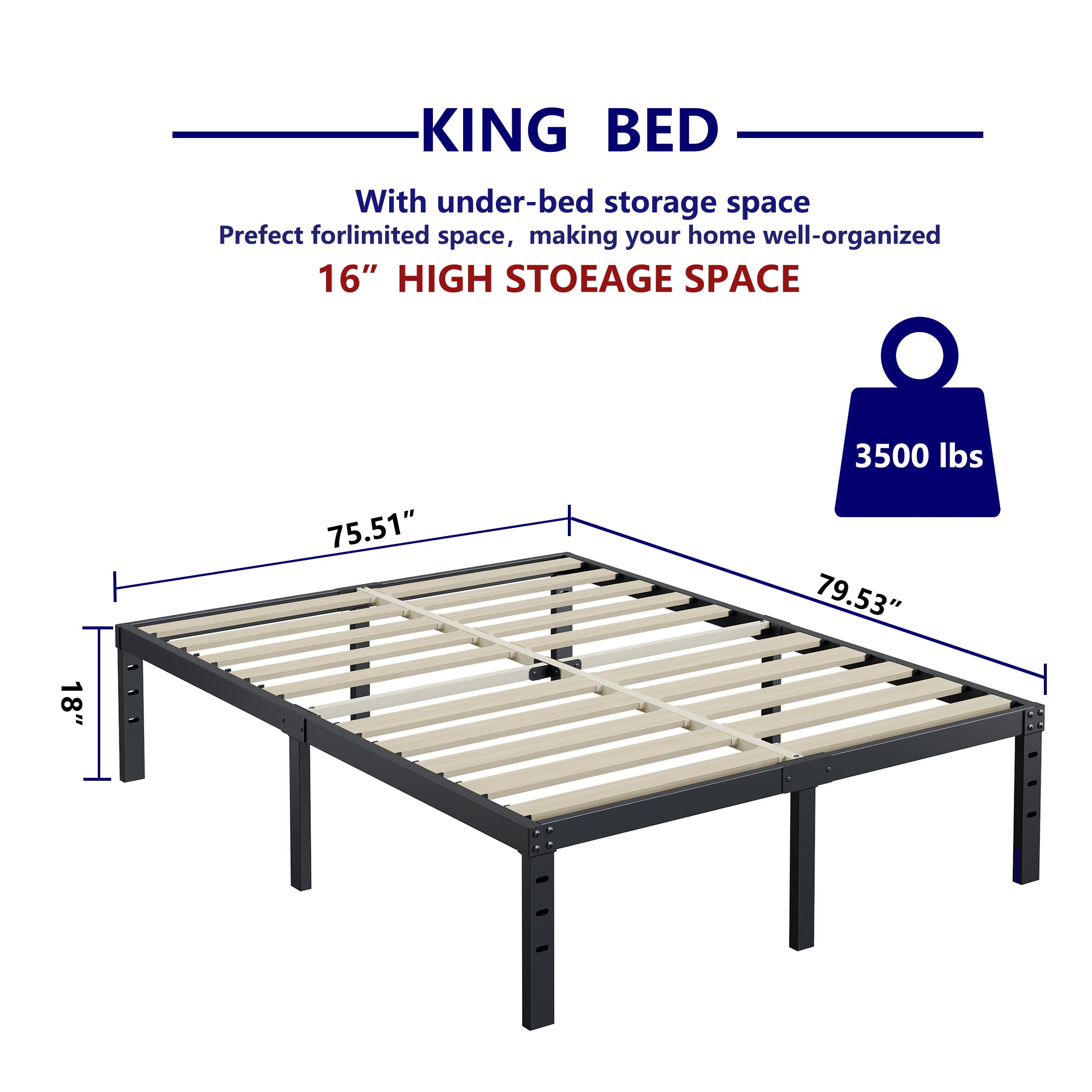 ZIYOO King Size Bed Frame 18 Inch Tall 3 Inches Wide Wood Slats with 3500 Pounds Support, No Box Spring Needed for Foam Mattress, Underbed Storage Space, Easy Assembly, Noise Free