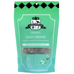 lord jameson daily greens organic dog treats, organic dog treats made with spinach and chia seeds, dog treats that support stomach and digestive health, 6 oz. bag