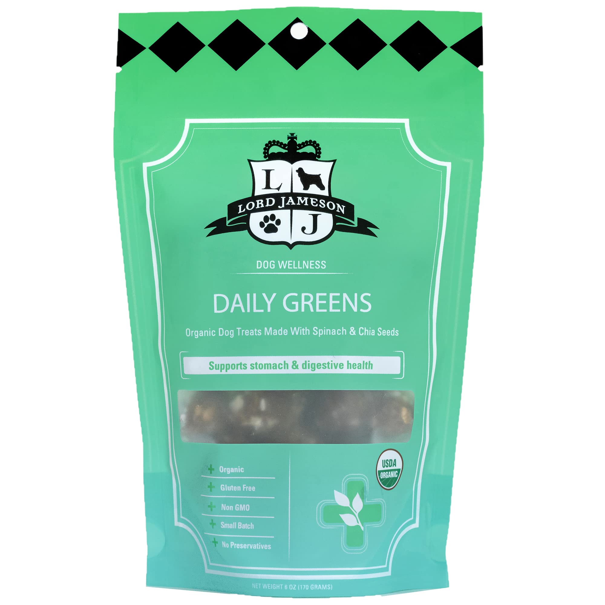 Lord Jameson Daily Greens Organic Dog Treats, Organic Dog Treats Made with Spinach and Chia Seeds, Dog Treats That Support Stomach and Digestive Health, 6 oz. Bag