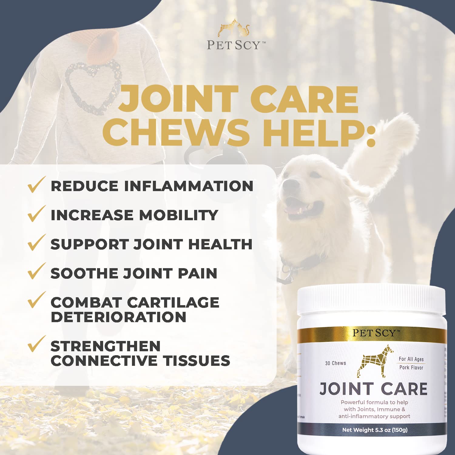 Petscy: Joint Care Chews - Glucosamine, Chondroitin, MSM, and Creatine Nutritional Supplement for Dogs - 30 Chews - Pork Flavor - Joint Pain Relief Support for All Ages and Breeds - Made in The USA