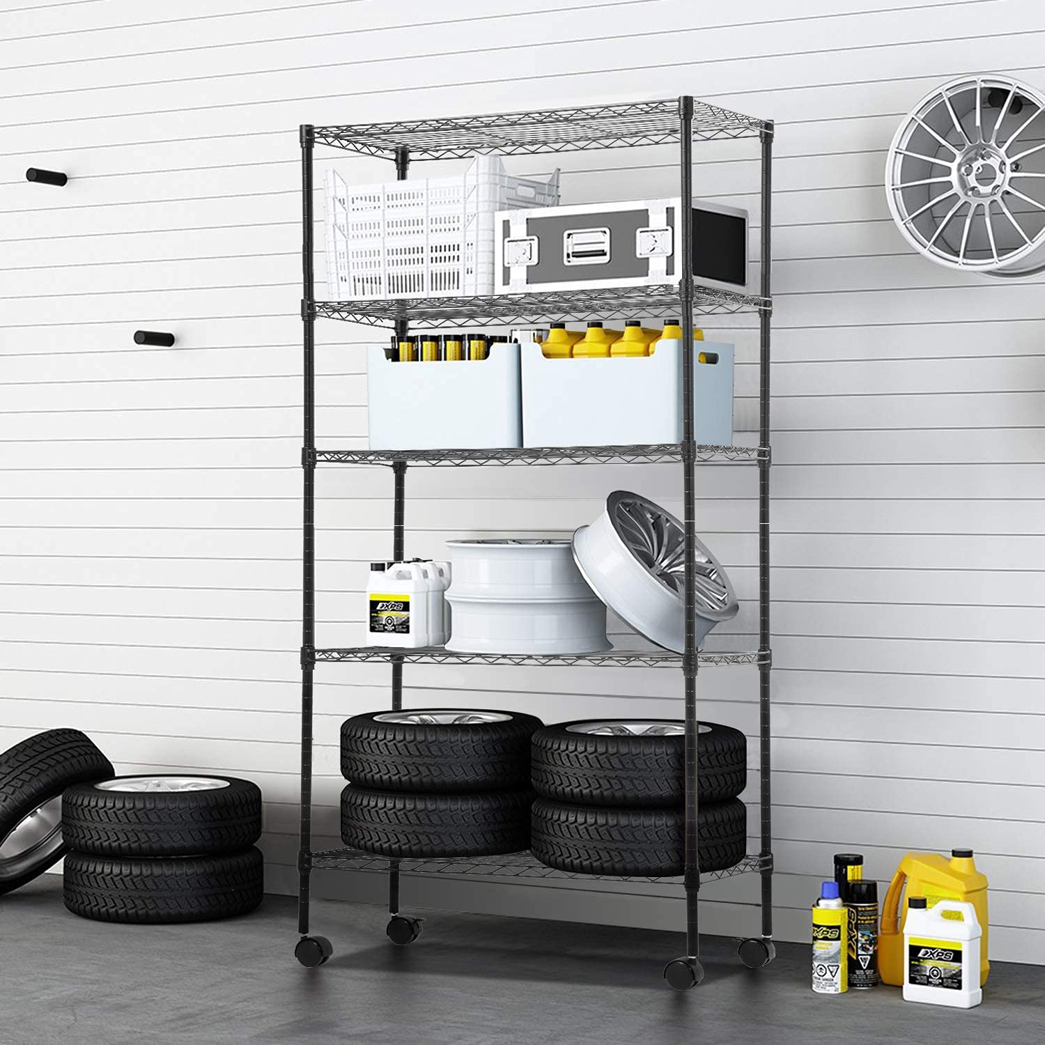 FDW 30" L×14" W×60" H Wire Shelving Unit Metal Shelf with 5 Tier Casters Adjustable Layer Rack Strong Steel for Restaurant Garage Pantry Kitchen Garage，Black