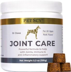 petscy: joint care chews - glucosamine, chondroitin, msm, and creatine nutritional supplement for dogs - 30 chews - pork flavor - joint pain relief support for all ages and breeds - made in the usa