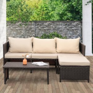 Valita 3 Piece Patio Set Outdoor Furniture Set Patio Conversation Sets Outdoor Sectional Sofa Patio Loveseat Coffee Table with Non-Slip Cushions,Khaki