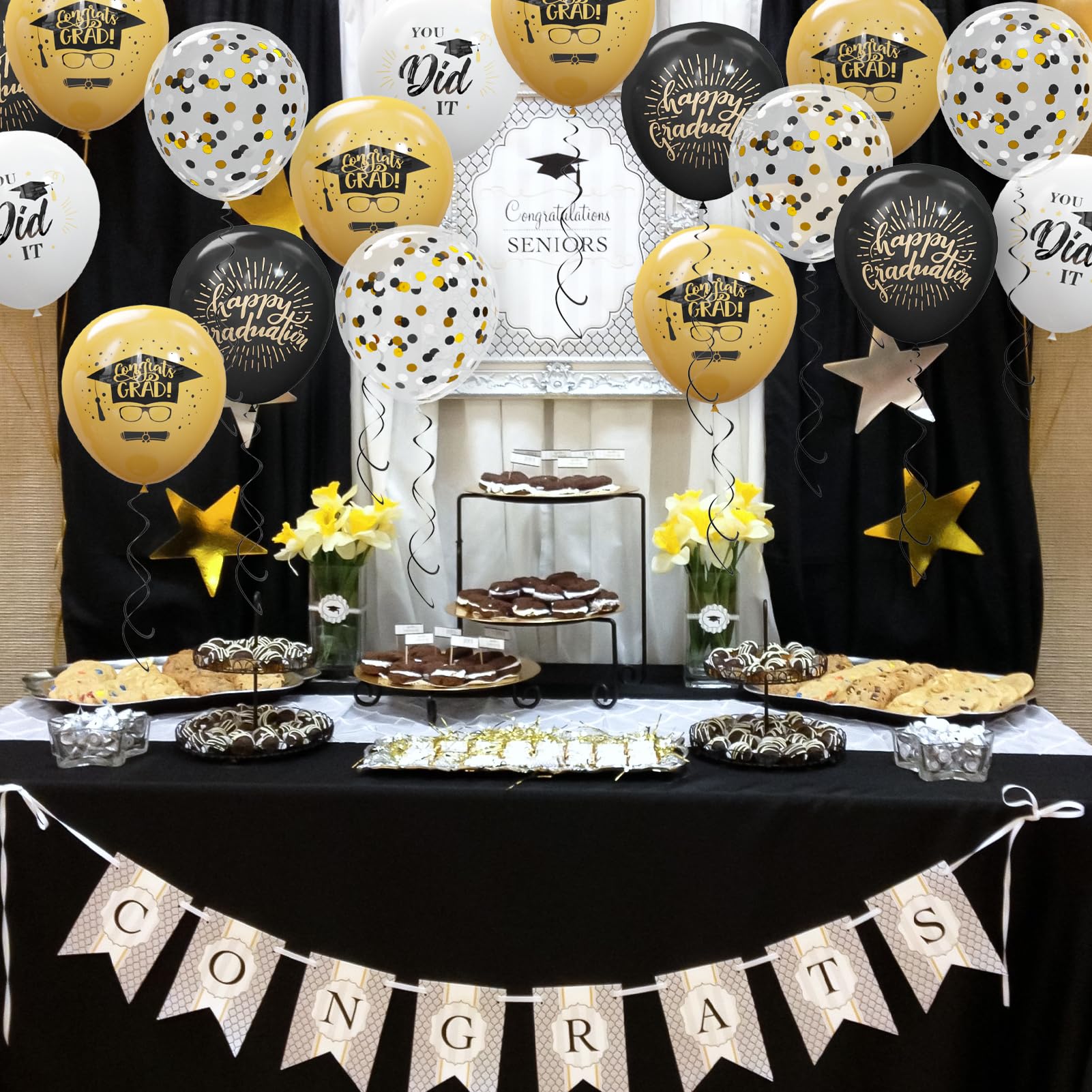 75 Pack Graduation Party Decorations Balloons Set - 12 Inch Black Gold Graduation Balloons with Balloon Ribbons for Graduation Party Decoration Supplies