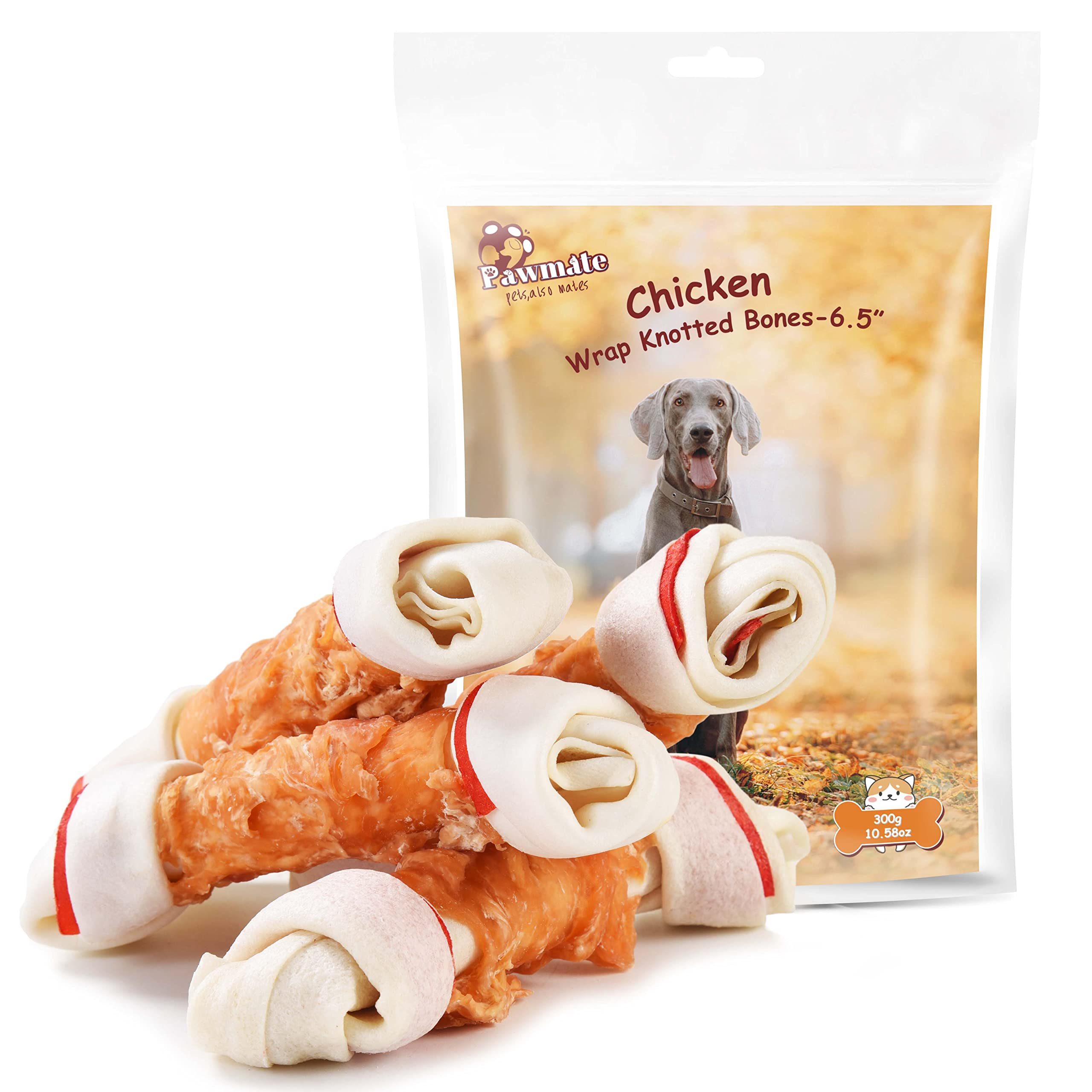 Pawmate Large Size Chicken Wrapped Rawhide Bones for Large Breed, Long Lasting Chew with Taurine Dog Treats Teeth Cleaning Snacks for Medium Large Dogs 5 Counts