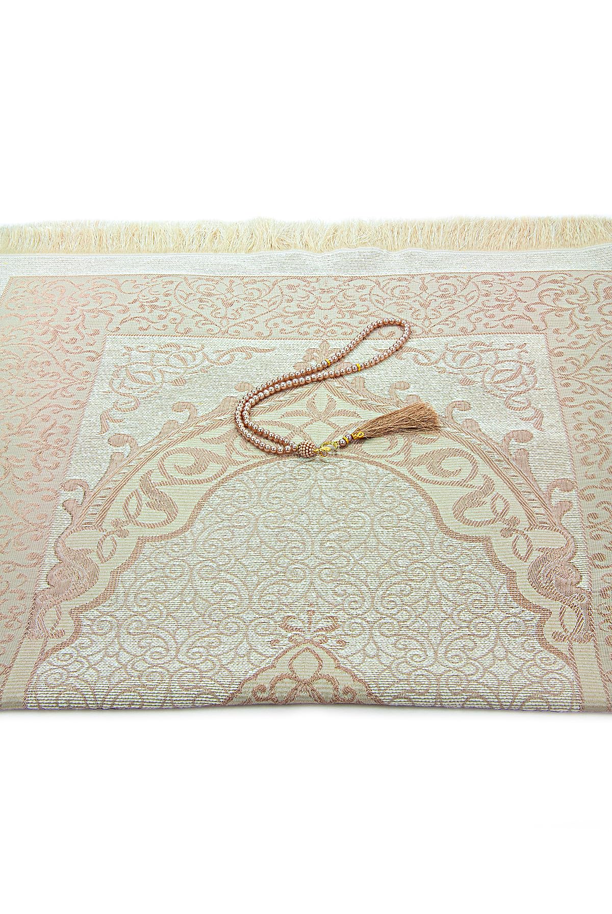 Muslim Prayer Rug and Beads with Elegant Slub Fabric Bag | Janamaz | Sajadah | Soft Islamic Prayer Rug | Islamic Gifts | Prayer Carpet Mat, Taffeta Fabric, Gold