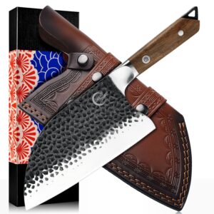 [full tang]butcher knife handmade forged kitchen chef knife grandsharp pro razor sharp serbian clad steel meat vegetable chopping cutting cleaver with leather knife sheath