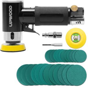 2'' 3'' mini orbital air sander by upwood, small pneumatic random orbital sander kit with hook and loop sanding pads 24pcs sandpapers