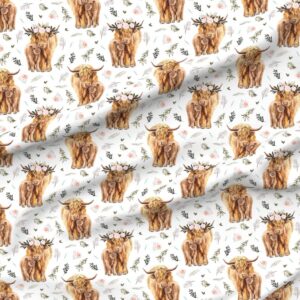 Spoonflower Fabric - Pink Spring Highland Cow Floral Calf Scottish Printed on Petal Signature Cotton Fabric Fat Quarter - Sewing Quilting Apparel Crafts Decor