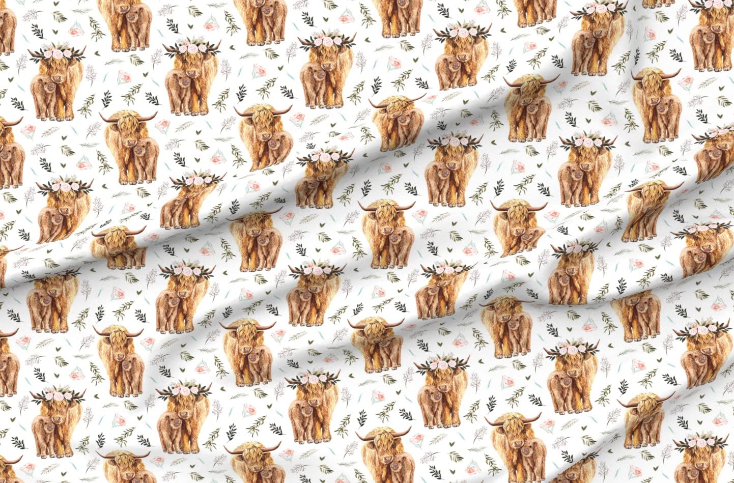 Spoonflower Fabric - Pink Spring Highland Cow Floral Calf Scottish Printed on Petal Signature Cotton Fabric Fat Quarter - Sewing Quilting Apparel Crafts Decor