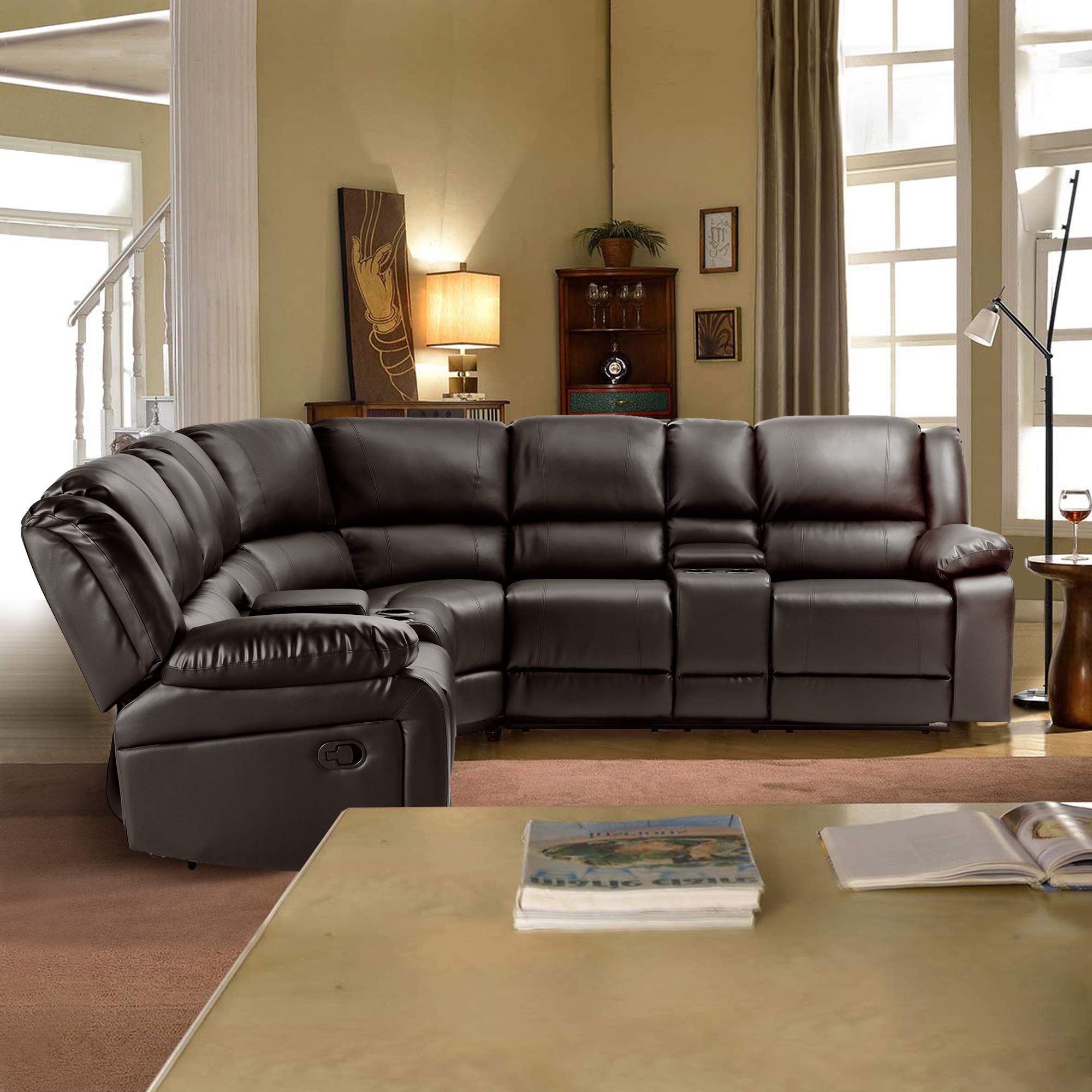 themagichome Sectional Sofa Symmetrical Reclining Sectional Sofa PU Modern Sectional Sofa Couch Power Motion Sofa Living Room Sofa Corner Sectional Sofa with Cup Holder-Black Leather,W223S00028