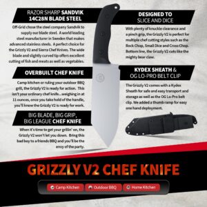 Off-Grid Knives - Grizzly V2 Chef Knife with Sandvik 14C28N Stainless Steel, Kydex Sheath and Belt Clip, G10 Scales, Lanyard Opening, Camping, BBQ & Home Kitchen Use (Stonewash)