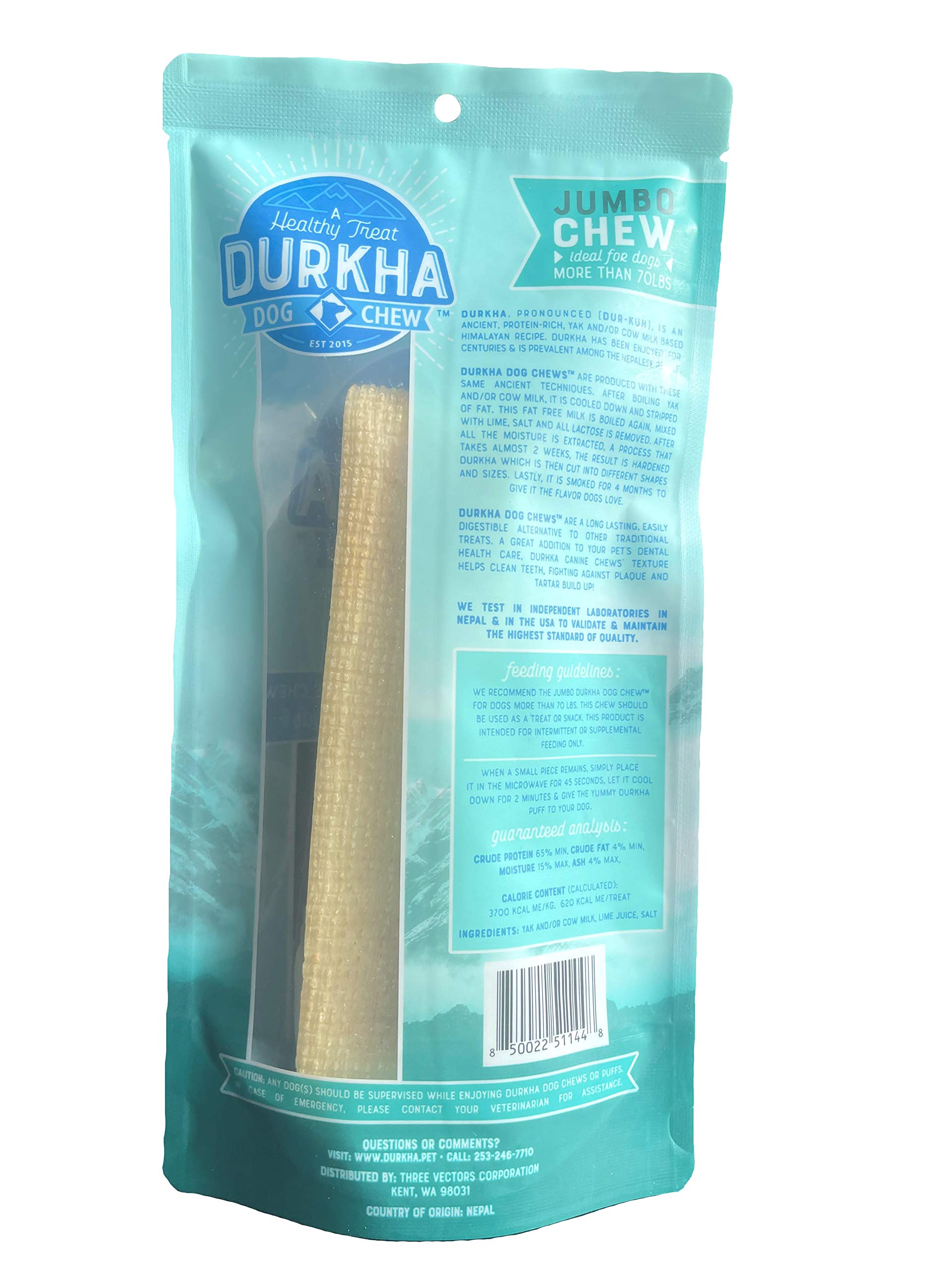 Jumbo Size (7-8ozs), Durkha, Himalayan Chews. Long Lasting, Yak Cheese Chews for Large Dogs & Aggressive Chewers, Natural, Healthy Cheese Stick | Does Not Stain Carpets or Furnitures.