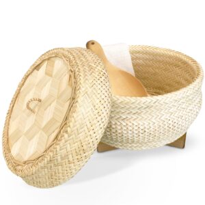 panwa handmade 100% natural thai bamboo sticky rice “electric cooker steamer set”, small pot insert ~ 6.5 inch, hewn reed wicker woven lid, 16’’ cheesecloth filter, and wooden spoon