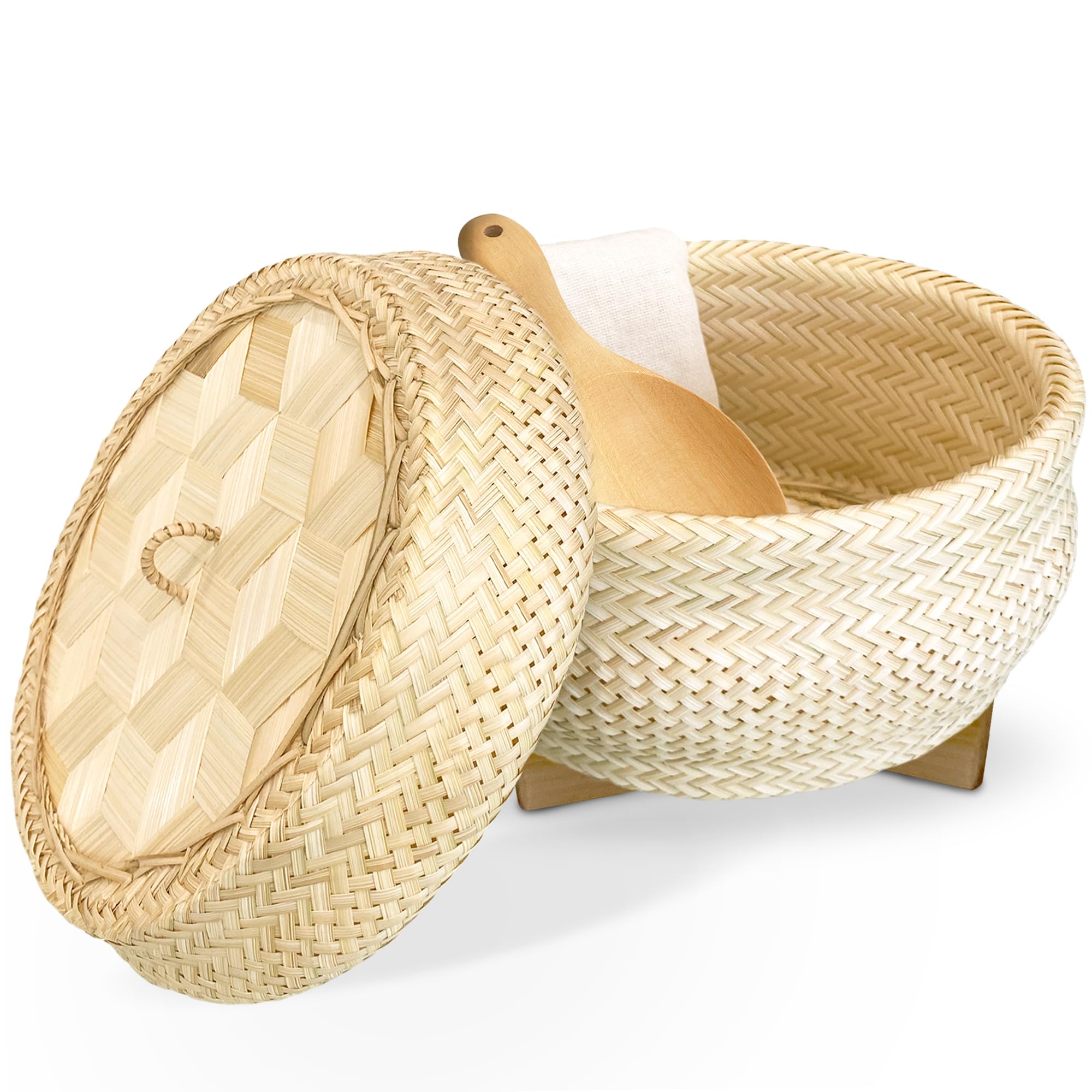 PANWA Handmade 100% Natural Thai Bamboo Sticky Rice “Electric Cooker Steamer Set”, Small Pot Insert ~ 6.5 Inch, Hewn Reed Wicker Woven Lid, 16’’ Cheesecloth Filter, and Wooden Spoon