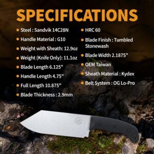 Off-Grid Knives - Grizzly V2 Chef Knife with Sandvik 14C28N Stainless Steel, Kydex Sheath and Belt Clip, G10 Scales, Lanyard Opening, Camping, BBQ & Home Kitchen Use (Stonewash)