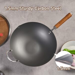 WANGYUANJI Carbon Steel Wok Pan,12.59" Woks and Stir Fry Pans with Glass Lid,Chinese Wok Flat bottom Iron wok for Induction, Electric, Gas, Suitable for All Stoves