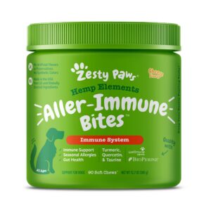 zesty paws allergy immune soft chews + hemp seed for dogs - with turmeric, cod liver fish oil, beta glucan, vitamin c & quercetin - supports dog immune system function + seasonal allergies - 90 chews