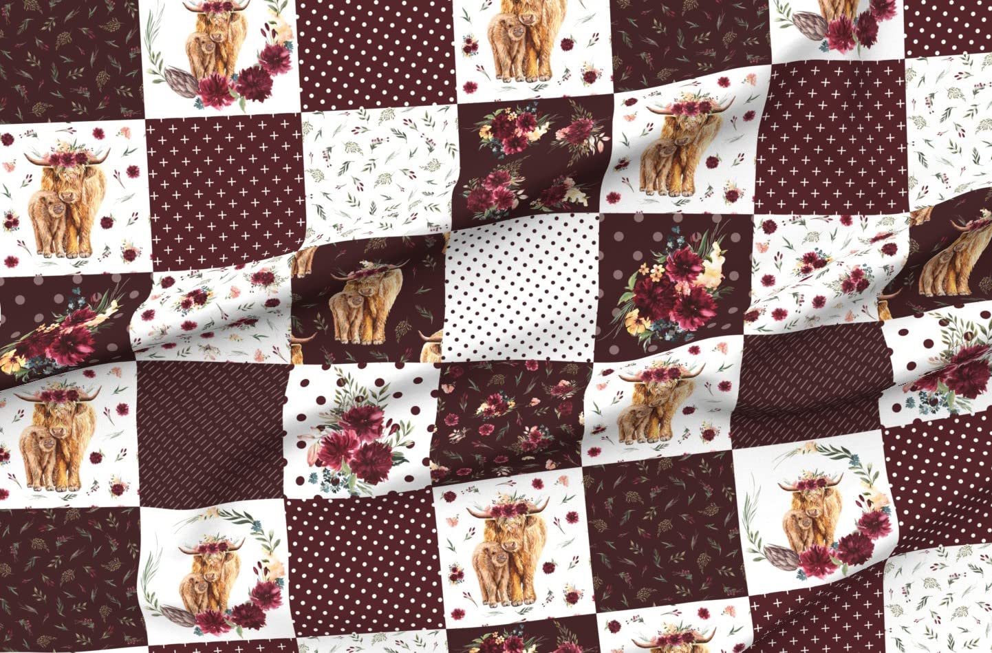 Spoonflower Fabric - Highland Cow Scottish Shaggy Floral Baby Calf Cattle Printed on Petal Signature Cotton Fabric by The Yard - Sewing Quilting Apparel Crafts Decor