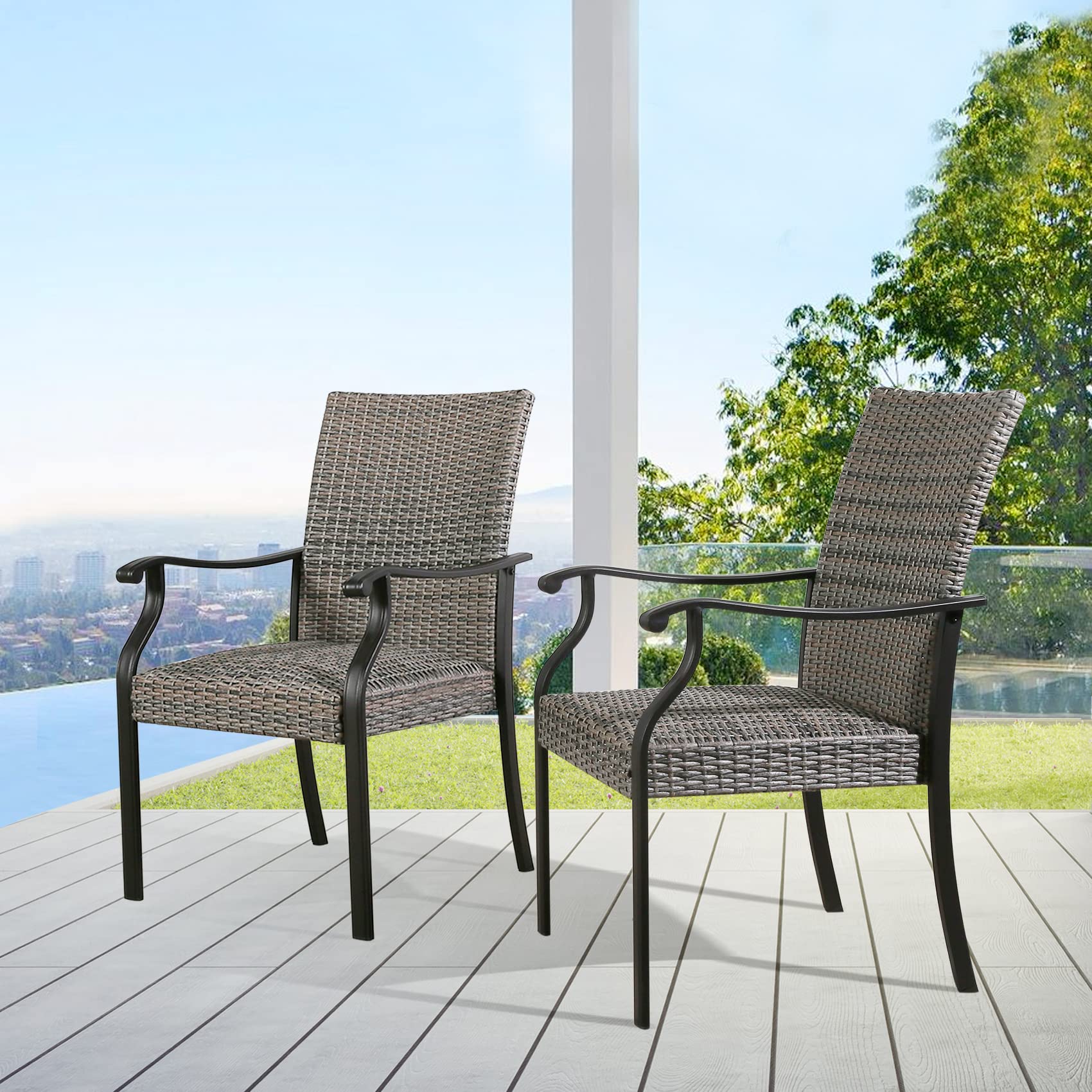 Ulax furniture Outdoor Wicker Dining Armchairs with Padded Quick Dry Foam, Set of 2, Patio Modern Rattan Chairs